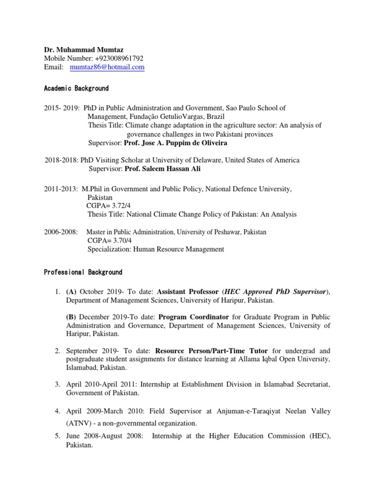 Dr. Muhammad Mumtaz: Thesis Title | PDF | Pakistan | Global Warming