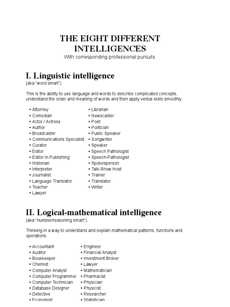 The Eight Different Intelligences I. Linguistic Intelligence | PDF