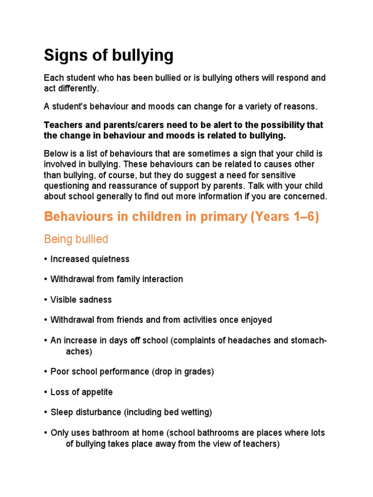 Signs of Bullying | PDF | Bullying | Mood (Psychology)
