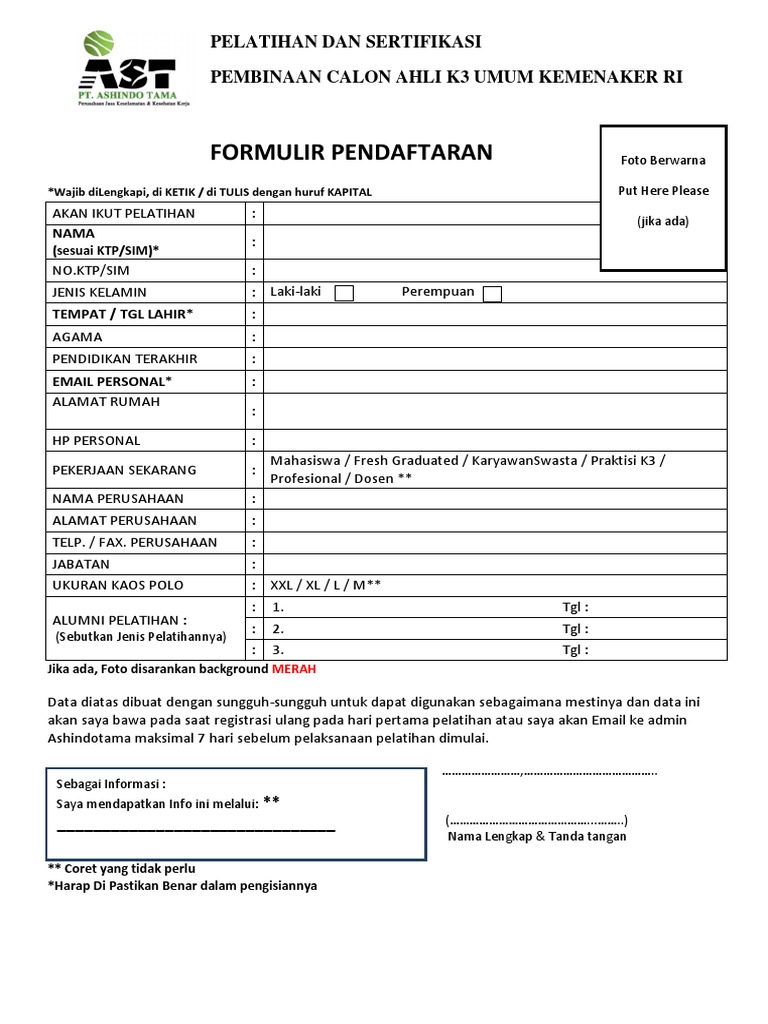 Form Registrasi Pelatihan | PDF