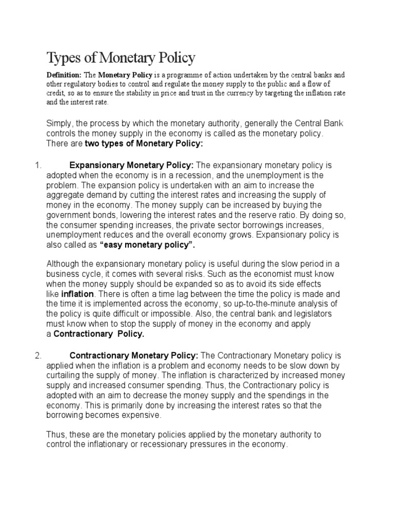 Types of Monetary Policy: Definition: The Monetary Policy Is A ...