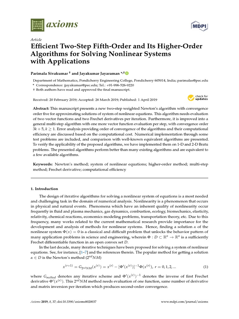 Axioms: Efficient Two-Step Fifth-Order and Its Higher-Order Algorithms For Solving Nonlinear ...