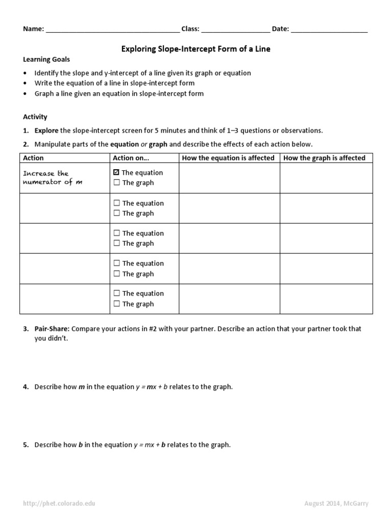Slope Intercept Activity Sheet | PDF | Teaching Mathematics | Nature