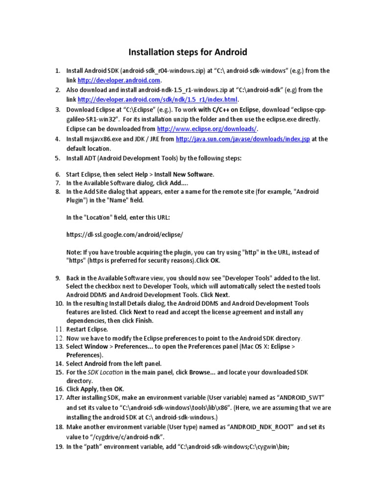 Installation Steps For Android Development | PDF | Eclipse (Software) | Embedded Linux Distributions