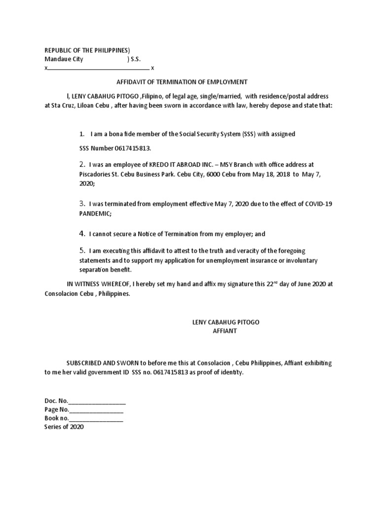 Affidavit of Termination of Employment Leny Pitogo | PDF | Affidavit ...