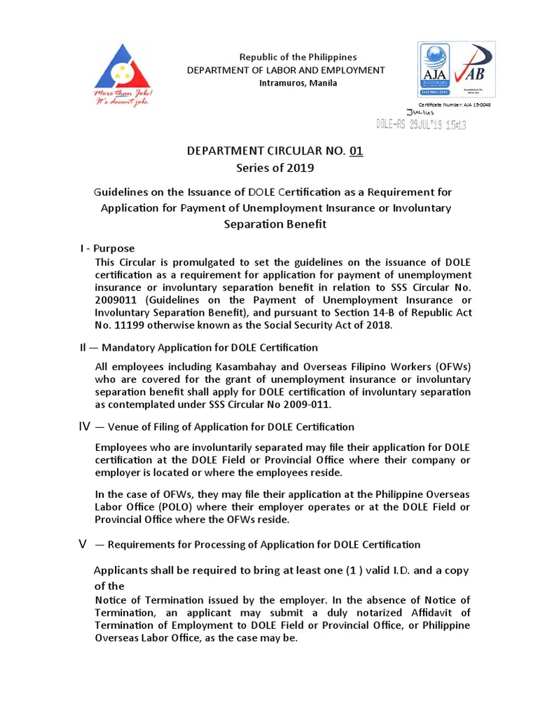 DOLE Guidelines for Unemployment Benefits | PDF | Unemployment Benefits ...