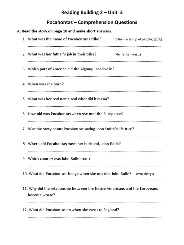 Reading Building 2 - Unit 3 Pocahontas - Comprehension Questions | PDF