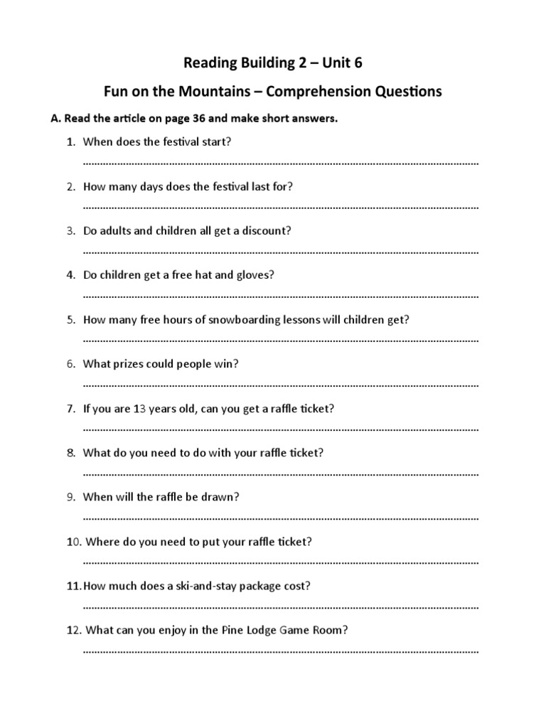 Reading Building 2 - Unit 6 Fun On The Mountains - Comprehension ...