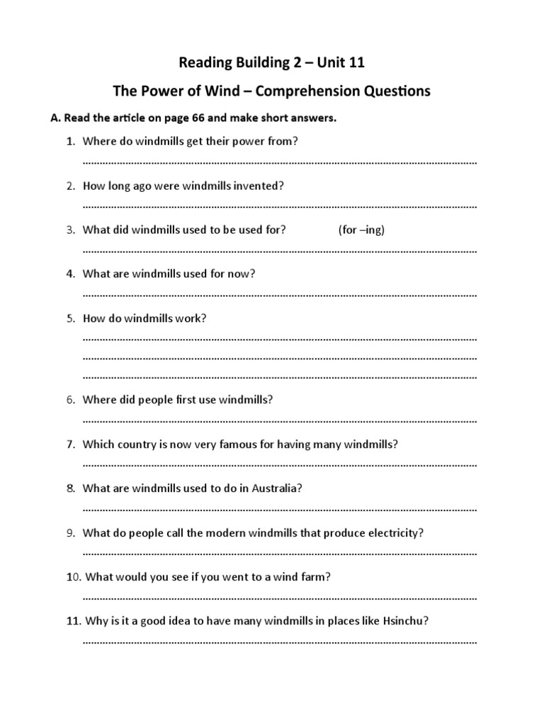 Reading Building 2 - Unit 11 The Power of Wind - Comprehension ...