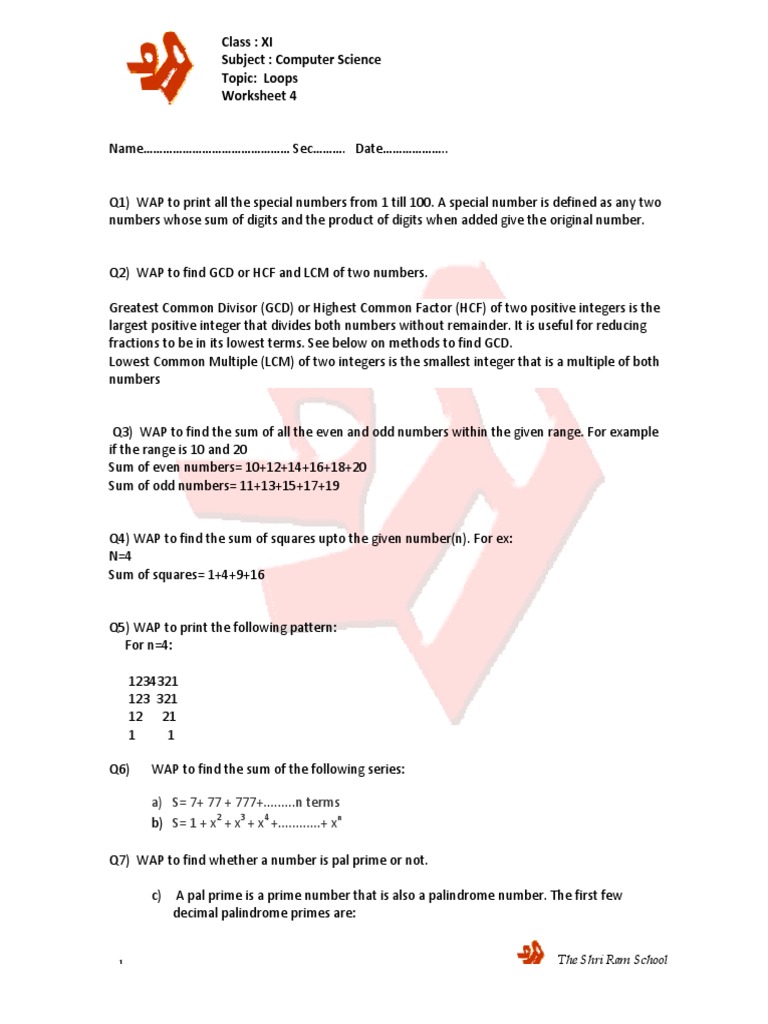 Class: XI Subject: Computer Science Topic: Loops Worksheet 4 | PDF ...