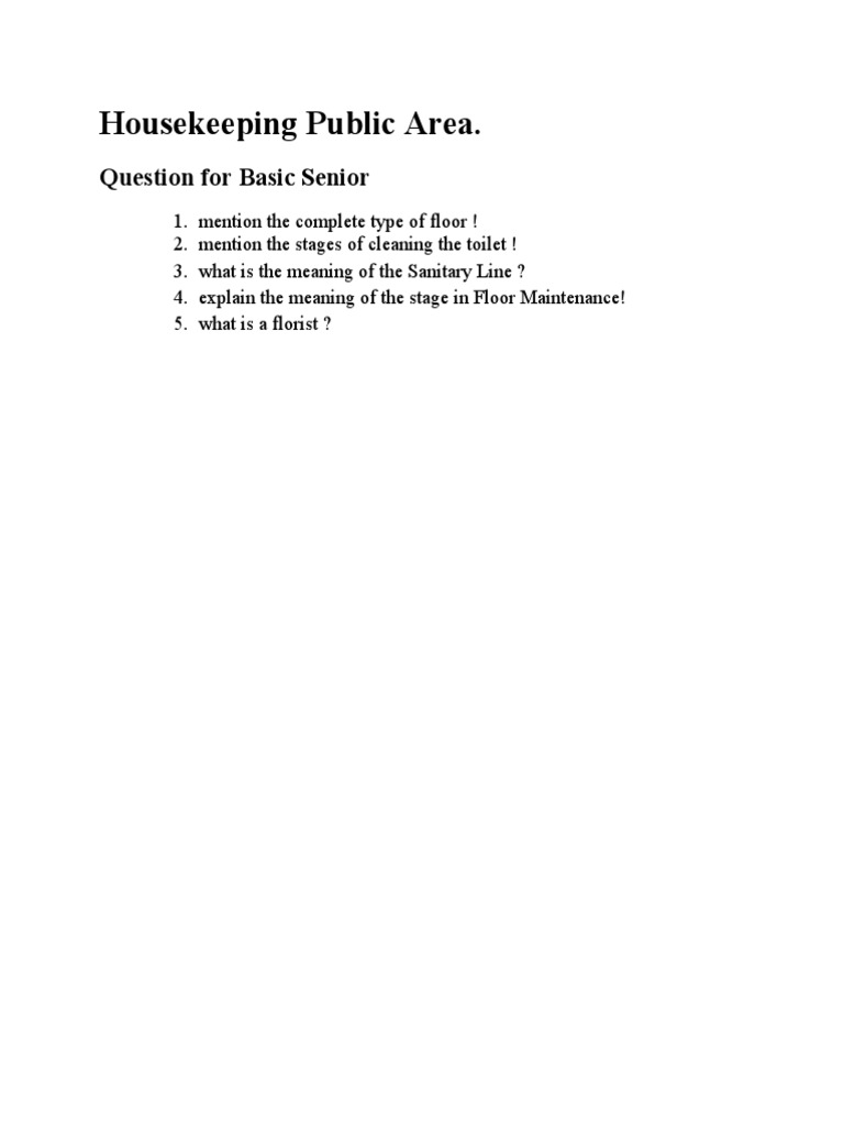 Housekeeping Public Area.: Question For Basic Senior | PDF