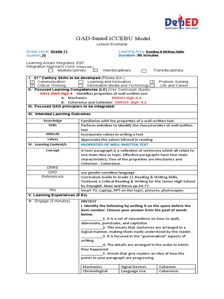 CO 4 Lesson Exemplar On Property of Well Writtrn Text | PDF ...