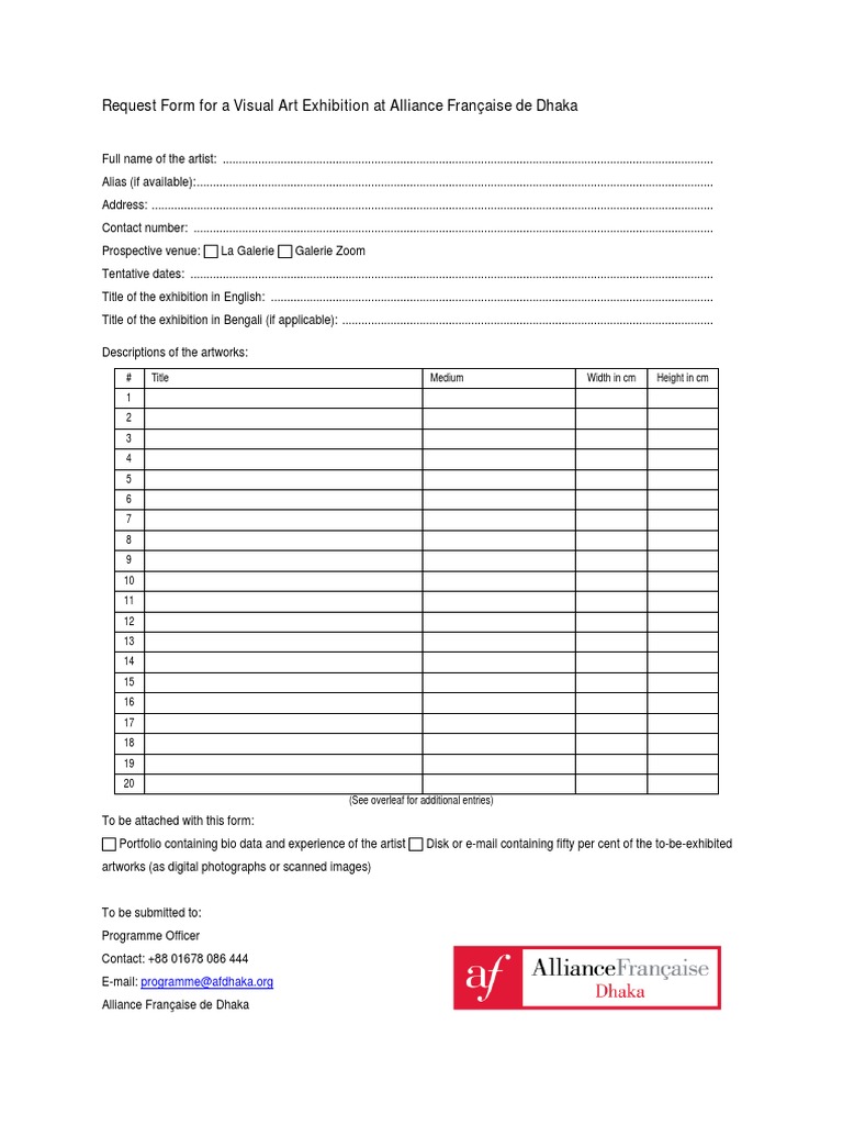 Request Form For A Visual Art Exhibition at Alliance Française de Dhaka ...