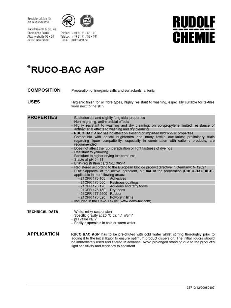 Antimicrobial textile finish RUCO-BAC AGP properties uses | PDF | Textiles | Chemistry
