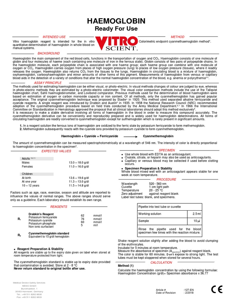 Haemoglobin With Buffer Ready With Use PDF | PDF | Hemoglobin | Blood