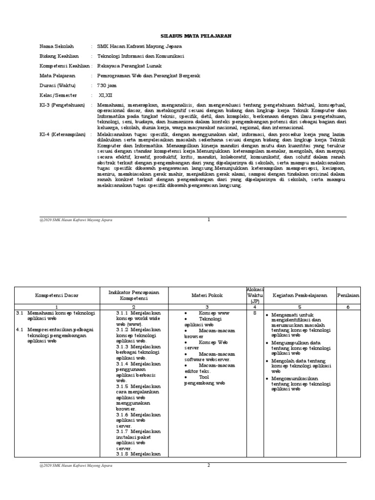 SILABUS RPL Pemrograman Web Dan Perangkat Bergerak | PDF