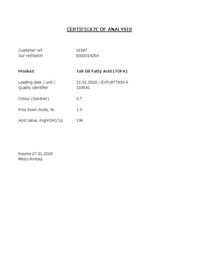 Certificate of Analysis for TOFA | PDF