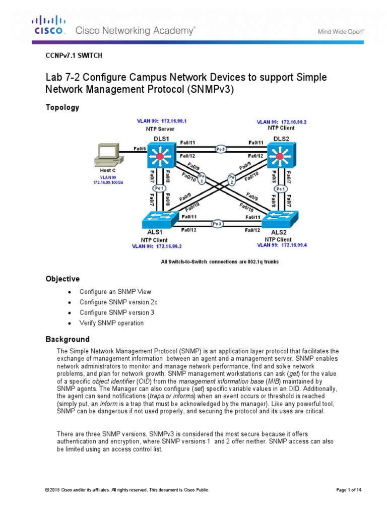 Lab 7-2 Configure Campus Network Devices To Support Simple Network Management Protocol (Snmpv3 ...