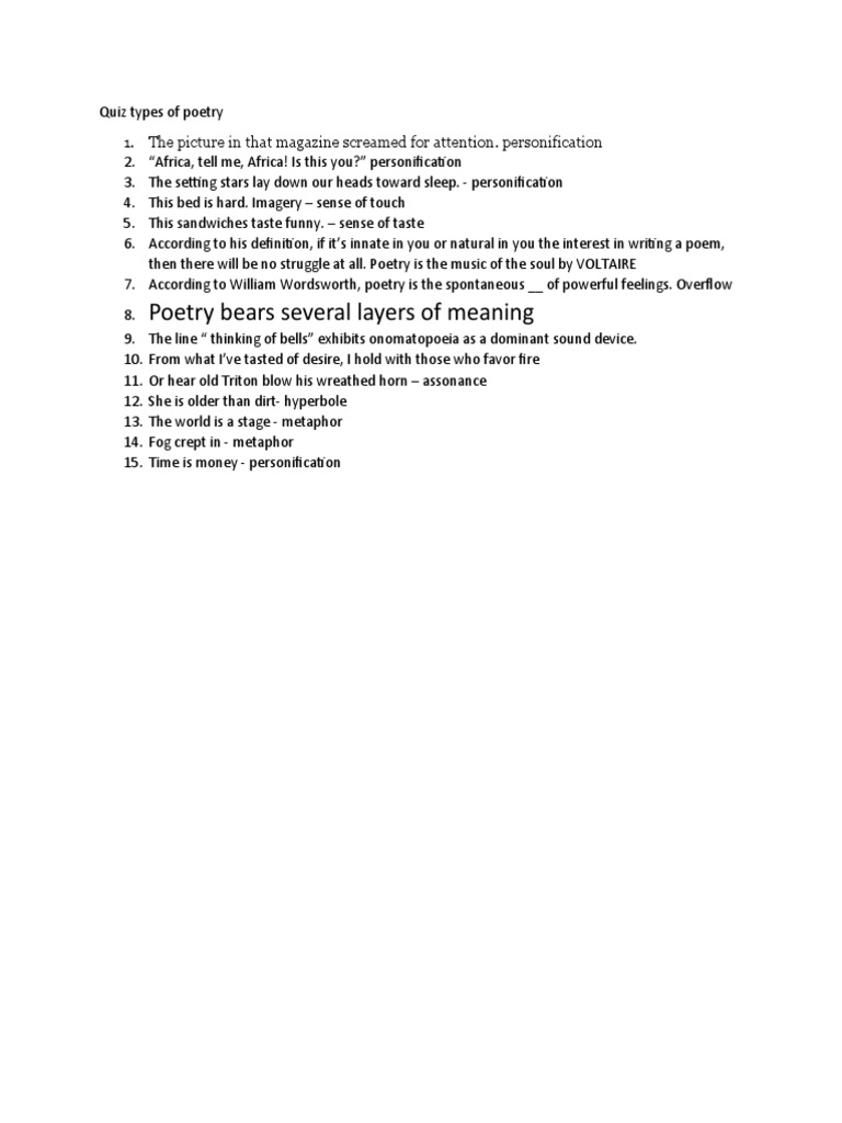 Quiz Types of Poetry | PDF
