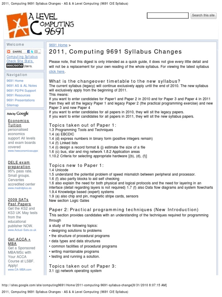 2011, Computing 9691 Syllabus Changes - As & A Level Computing (9691 CIE Syl | PDF | Assembly ...