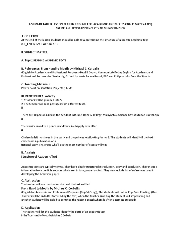 Lesson Plan On Reading Academic Texts | PDF | Lesson Plan | Education ...