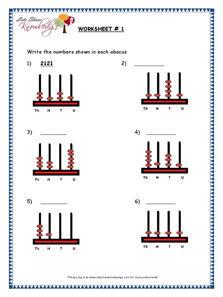 Write The Numbers Shown in Each Abacus 1) 2) - : Worksheet # 1 | PDF
