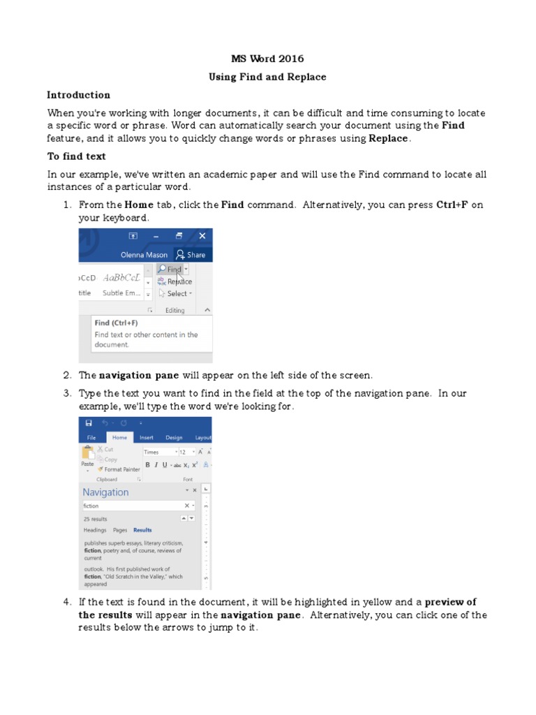MS Word 2016 Using Find and Replace | PDF | Computing | Communication