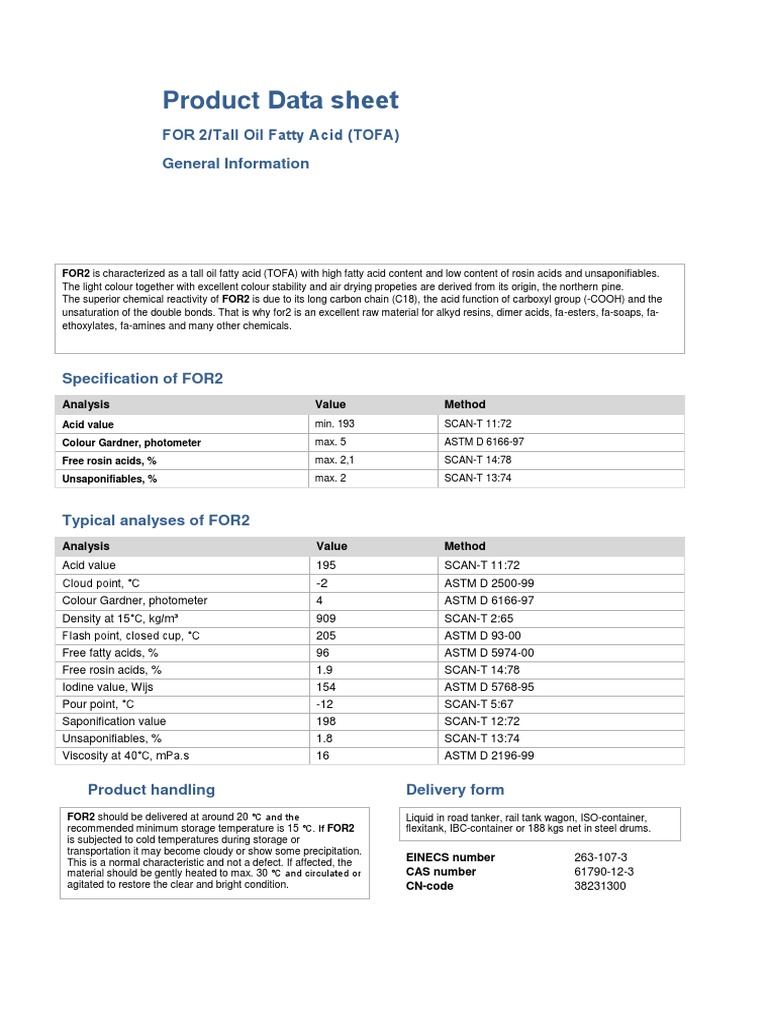 Product Data Sheet: FOR 2/tall Oil Fatty Acid (TOFA) General ...