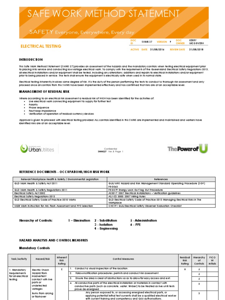 Safe Work Method Statement: Electrical Testing | Download Free PDF ...