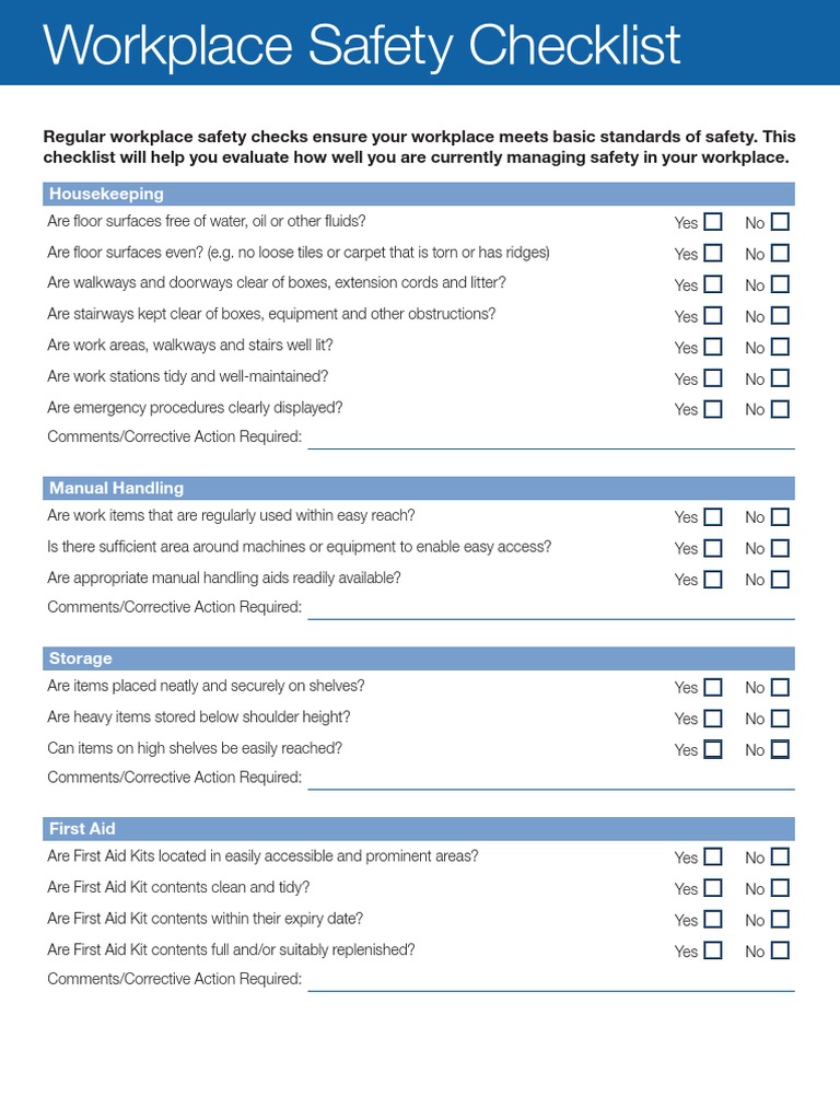 Workplace Safety Evaluation Checklist | PDF | Dangerous Goods | First Aid