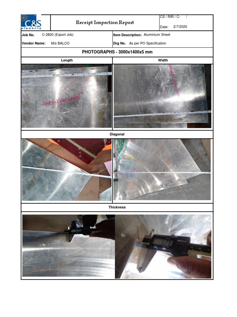 Receipt Inspection Report: PHOTOGRAPHS - 3000x1400x5 MM | PDF