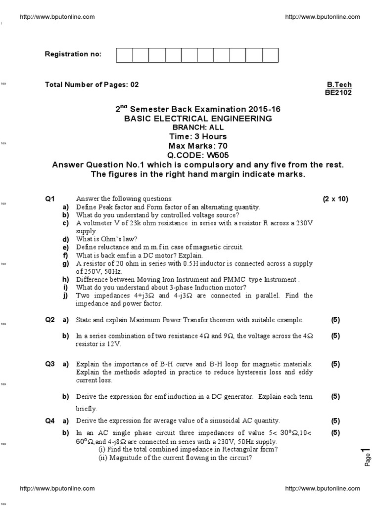 Btech 1st Year Be2102 Basic Electrical Engineering 2016 PDF | PDF ...
