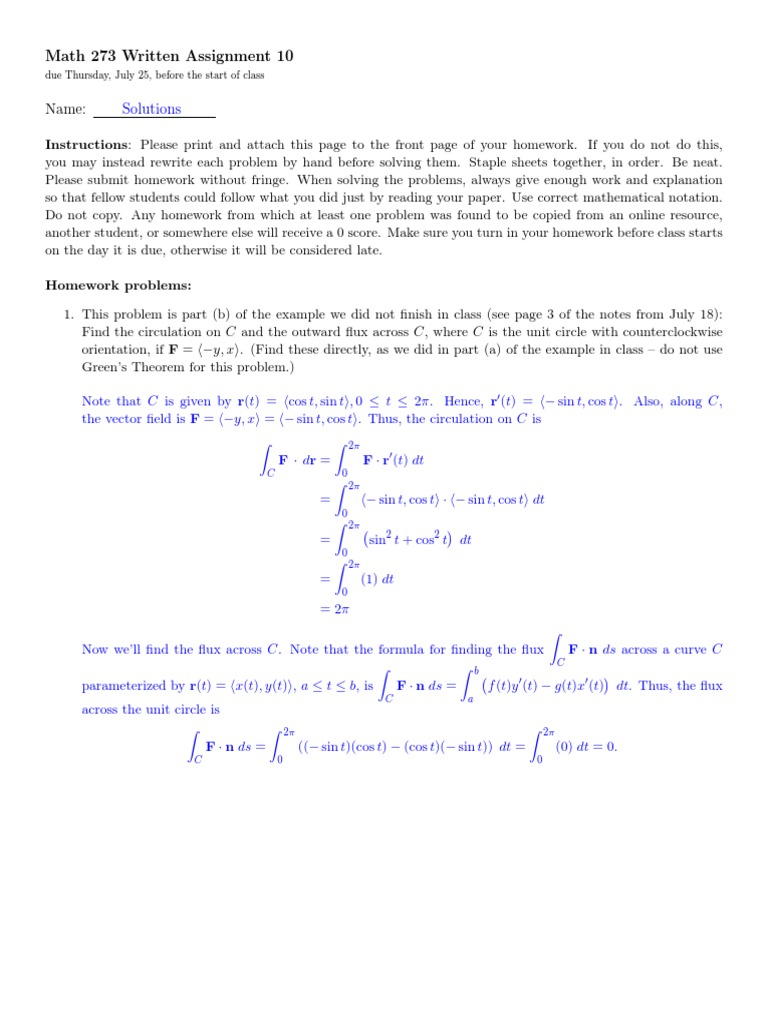 Solutions: Math 273 Written Assignment 10 | PDF | Flux | Integral