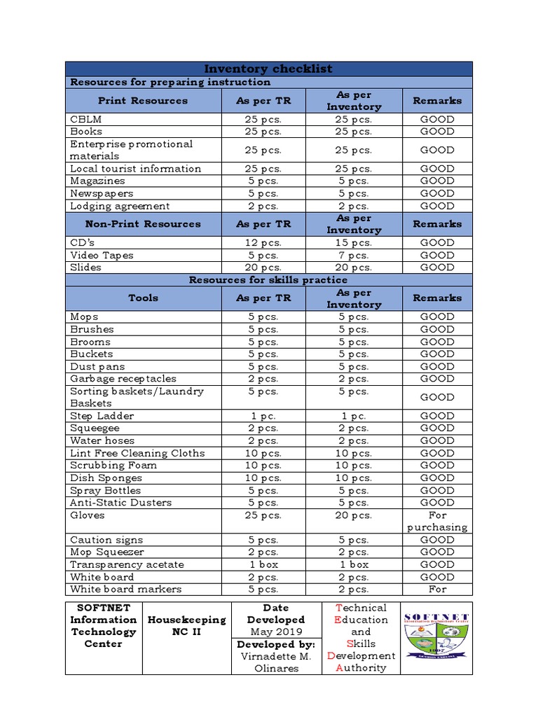 Inventory Checklist: T E S D A | PDF | Housekeeping | Personal Computers