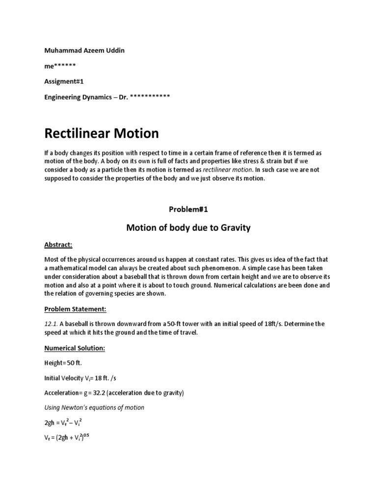 Rectilinear Motion: Motion of Body Due To Gravity | PDF | Acceleration | Velocity