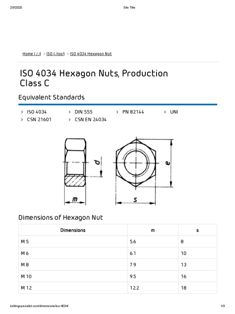 ISO 4034 Hexagon Nuts, Production Class C: Equivalent Standards | PDF ...