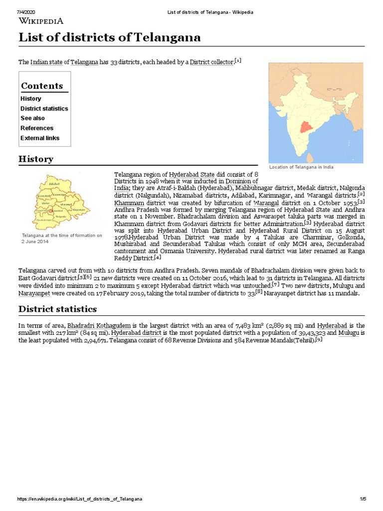 List of Districts of Telangana - Wikipedia | PDF | Government Of India ...