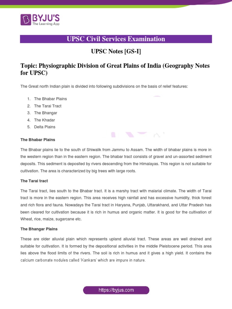 Physiographic Division of Great Plains of India Geography Notes For ...