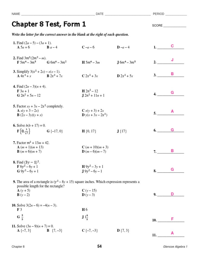 Chapter 8 Test, Form 1: Write The Letter For The Correct Answer in The ...