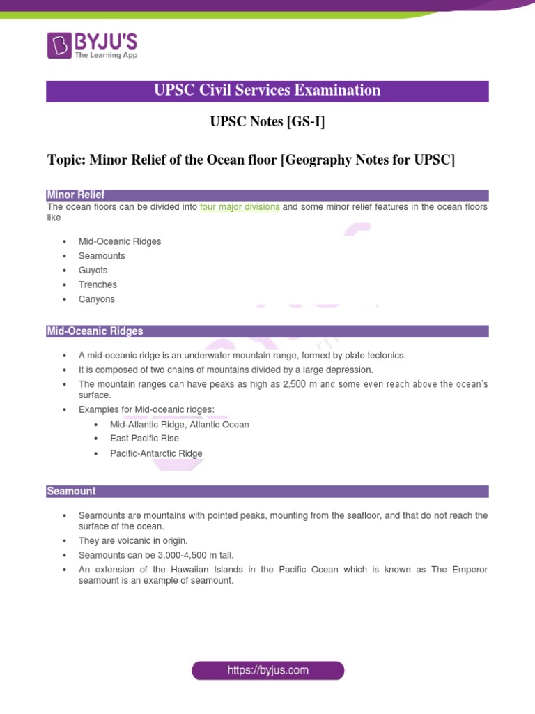 Minor Relief of The Ocean Floor Geography Notes For UPSC | PDF