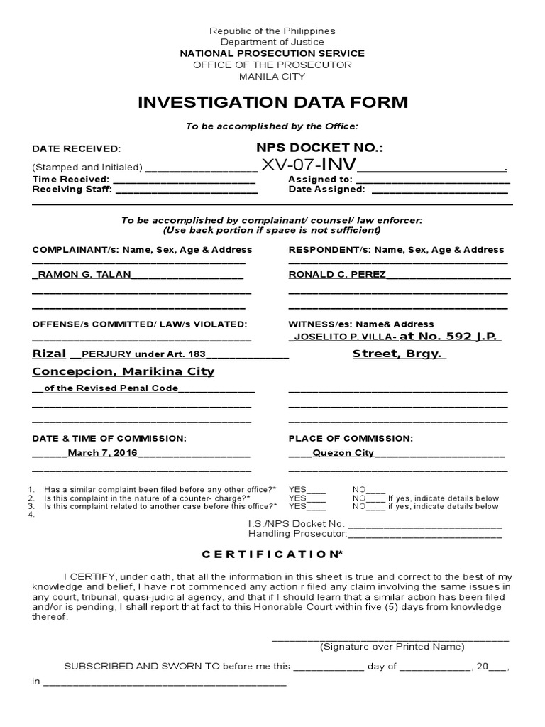 Investigation Data Form: Nps Docket No. | PDF | Prosecutor | Complaint