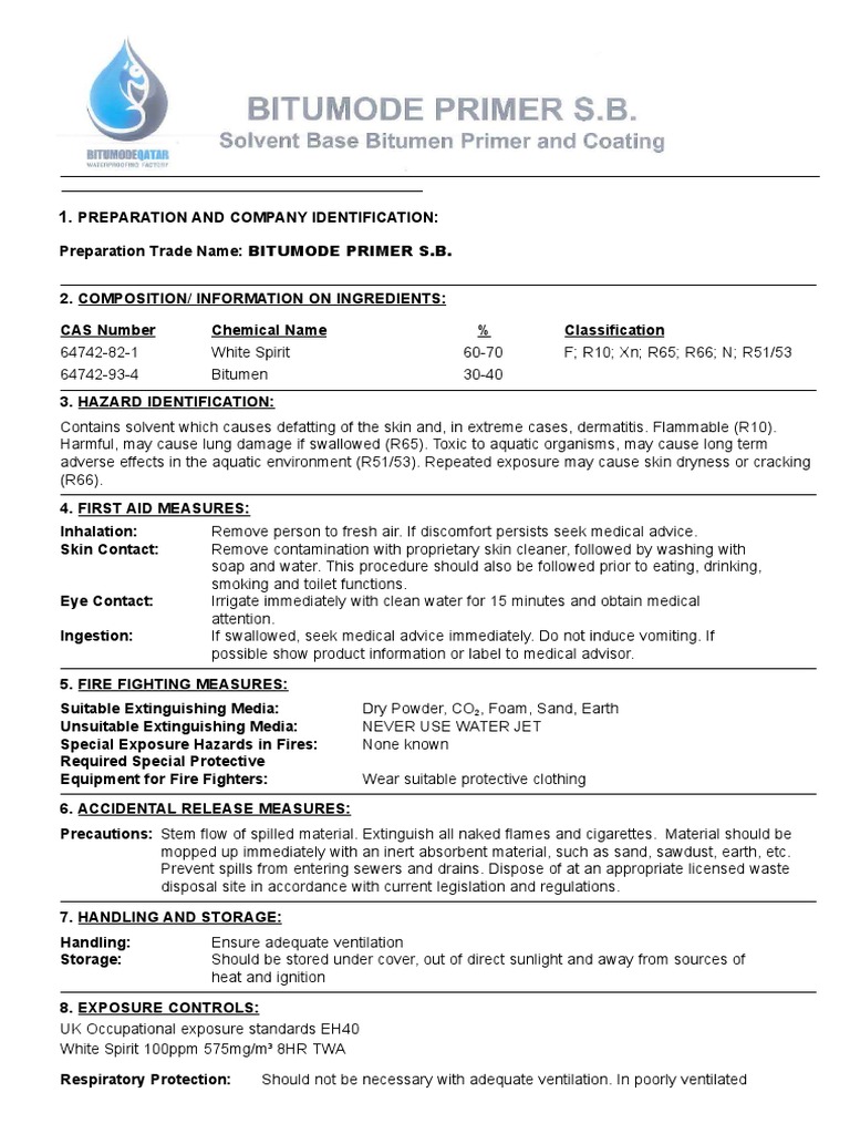 Bitumen Primer MSDS | PDF | Solubility | Solvent