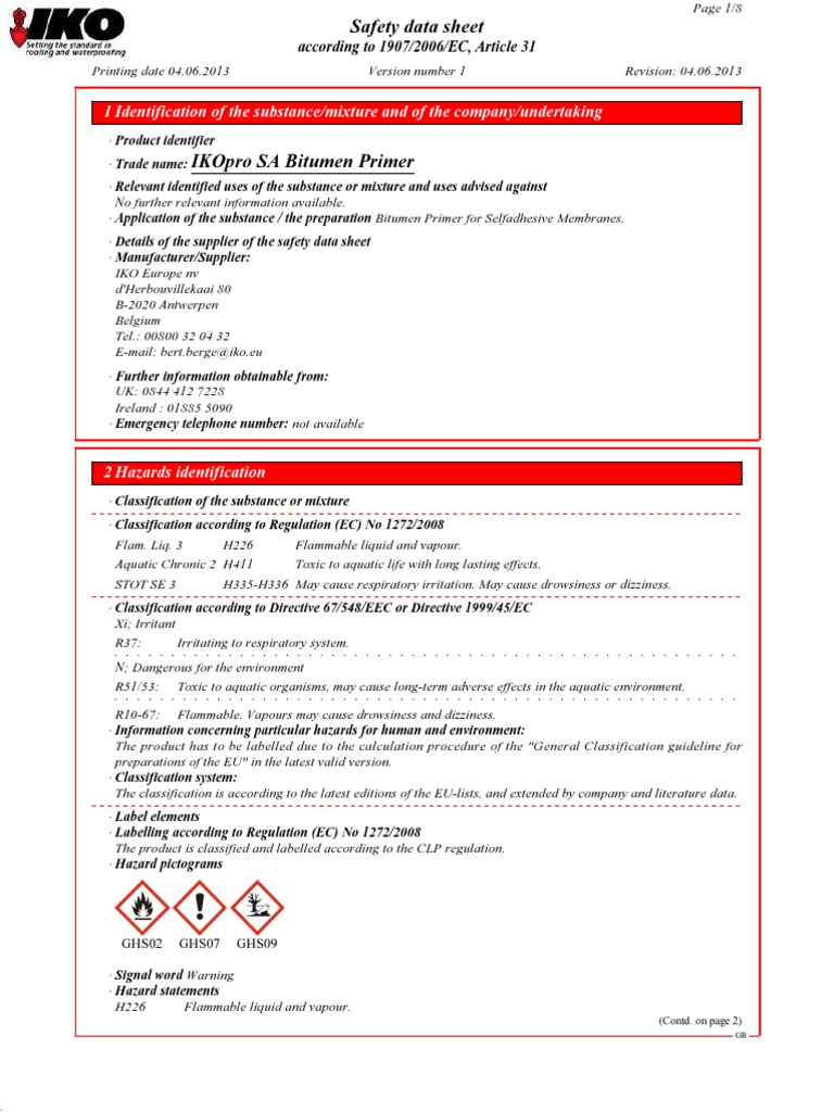 Msds IKOpro SA Bitumen Primer-EN 1 | PDF | Dangerous Goods | Toxicity