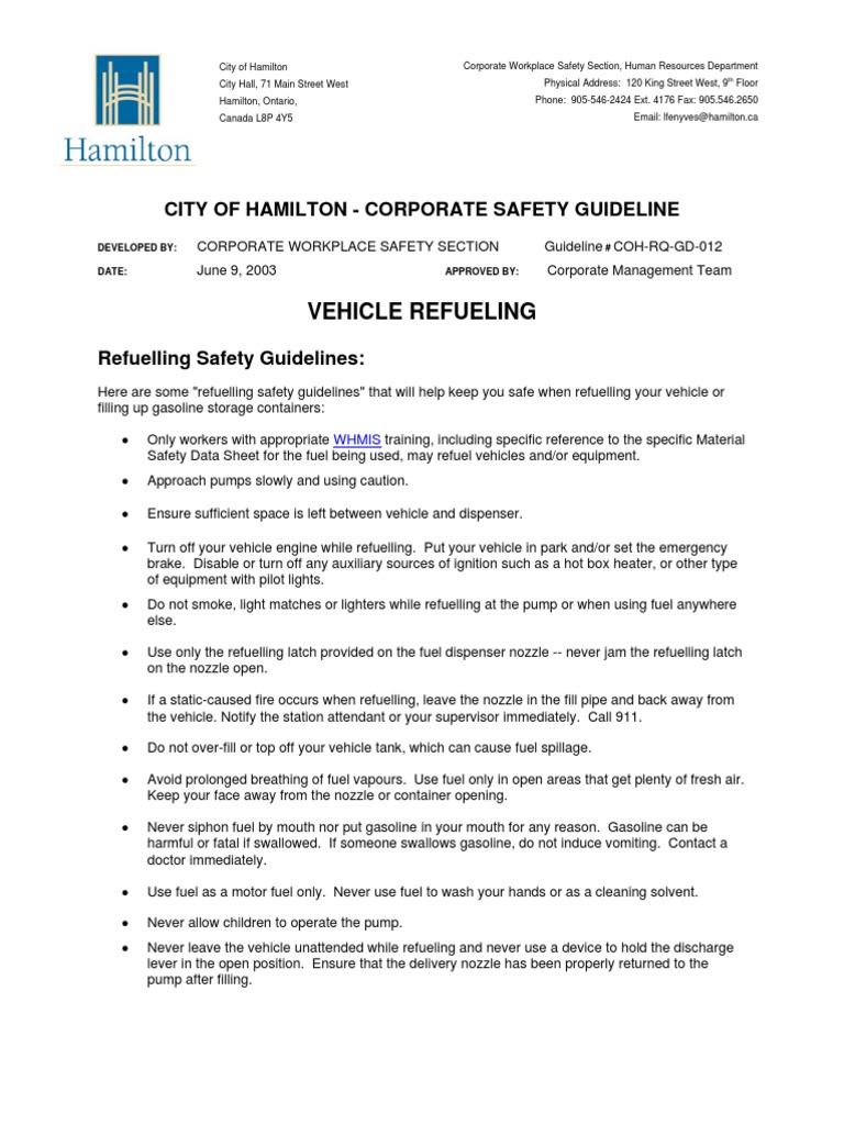 Vehicle Refueling: City of Hamilton - Corporate Safety Guideline ...