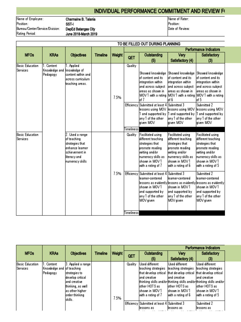 Individual Performance Commitment and Review Form (Ipcrf) For Teacher I ...