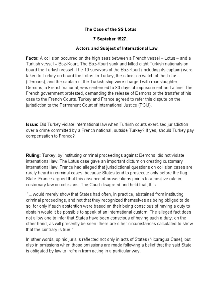 The Case of The SS Lotus | PDF | Jurisdiction | International Law