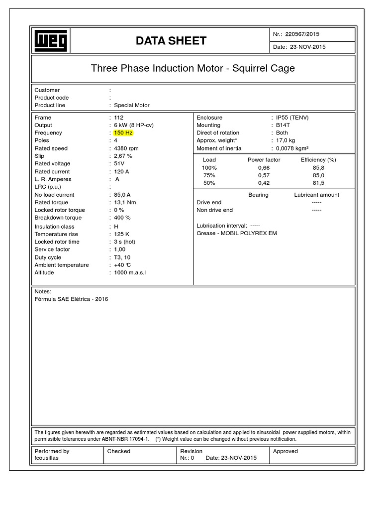 Datasheet WEG MOTOR | PDF | Electric Motor | Mechanical Engineering