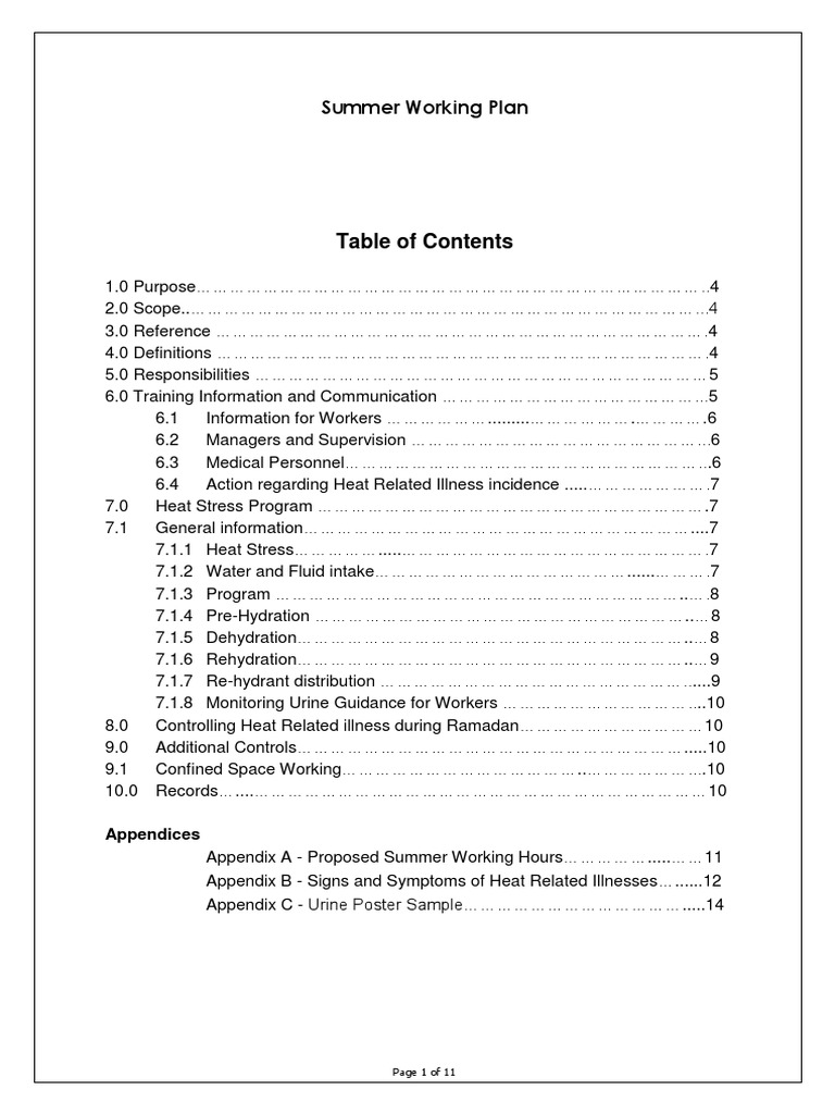 Summer Working Plan: Appendices | PDF | Hyperthermia | Dehydration