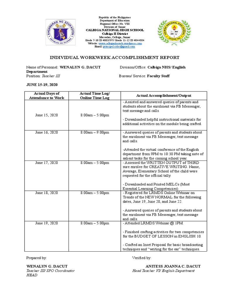 Individual Workweek Accomplishment Report: Department | PDF | Education ...