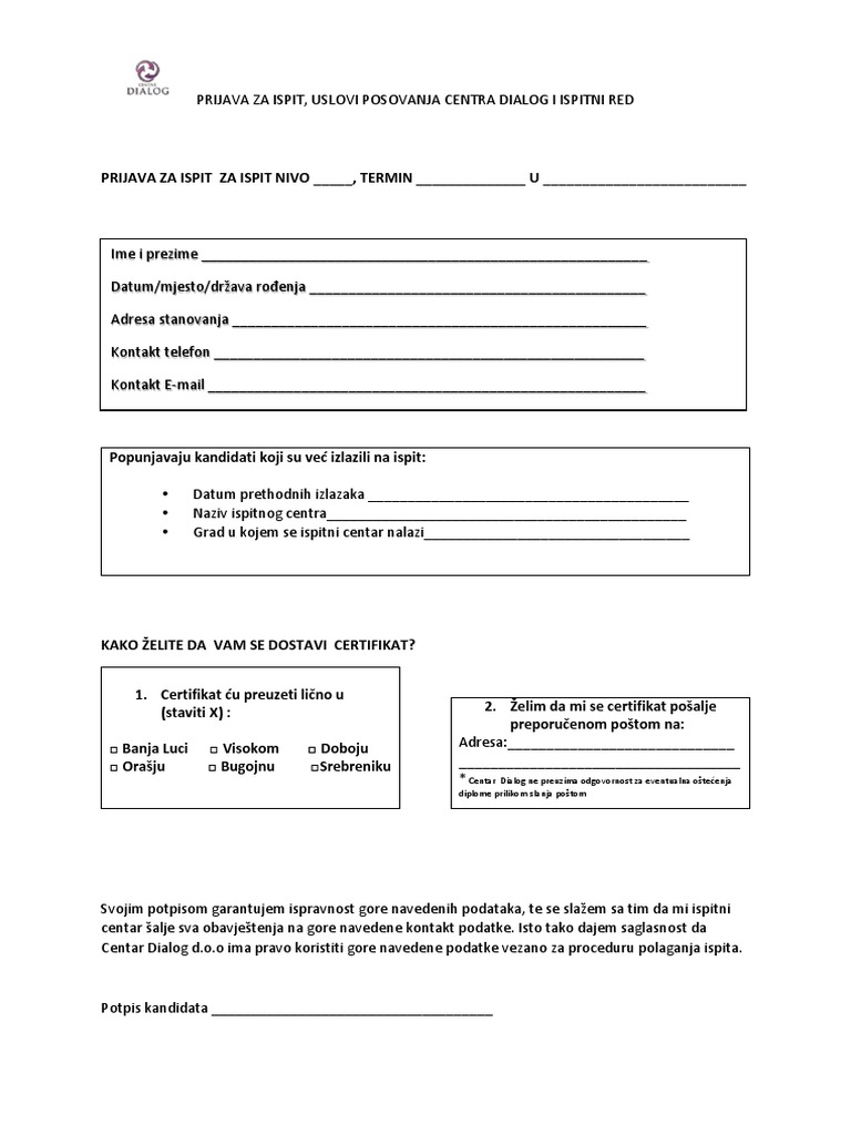 Formular Za Prijavu Ispita, Dialog-1 PDF | PDF